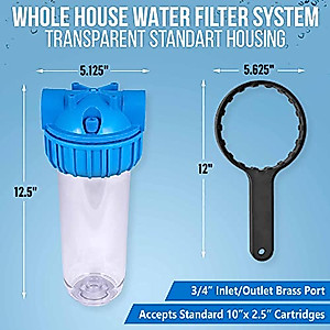 10 Inches Transparent Standard Whole House Water Filter System with Presser Relief Valve, 3/4” Inlet/Outlet Brass Port and Yearly Supply (3) Block Activated Carbon Cartridges 5 Micron