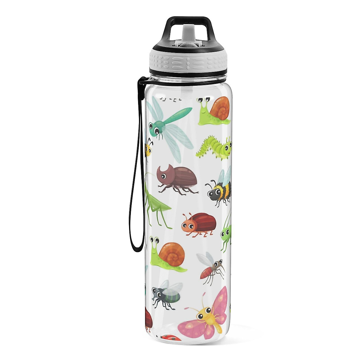 Boccsty Butterfly Bugs Kids Water Bottle with Straw Beetle Dragonfly Ladybug Bee Snail Sports Bottles BPA-Free Tritan Plastic Water Jug for Women Men Gym Outdoors