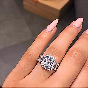 Gixaxak Princess Cut Cubic Zirconia Ring 925 Sterling Silver Engagement Wedding Ring with Emerald Cut Cubic Zirconia Simulated Diamond Wedding Engagement Ring 7