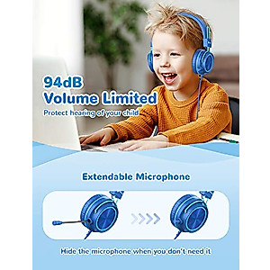 iClever HS21 Kids Headphones with Microphone for Virtual School- Rotatable Extendable Mic - 94 dB Volume-Safe Headphones for Kids, Wired Foldable Kids Gaming Headset for PS4/Xbox One/Switch/PC/Tablet