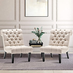 Yongqiang Accent Chairs Set of 2 Modern Armless Living Room Bedroom Chairs Upholstered Button Tufted Slipper Chairs with Solid Wood Legs Cream Fabric