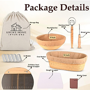 Banneton Bread Proofing Basket Set of 2-9 inch Round & 10 inch Oval Sourdough Basket, Sourdough Bread Kit with Bread Lame, Dough Scraper, Dough Whisk and Linen Liners, Bread Making Tools and Supplies