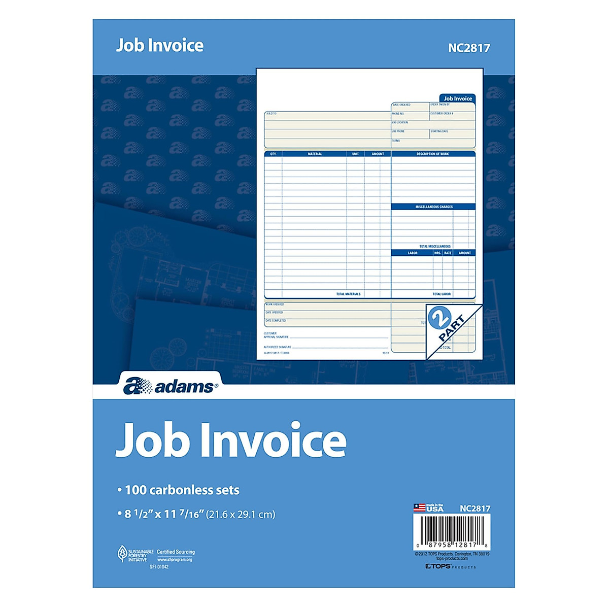 Adams Job Invoice Forms, 2-Part Carbonless, For Service and Repair Billing, 100 Individual Sets Per Pack (NC2817), White, 8-1/2 x 11Inches