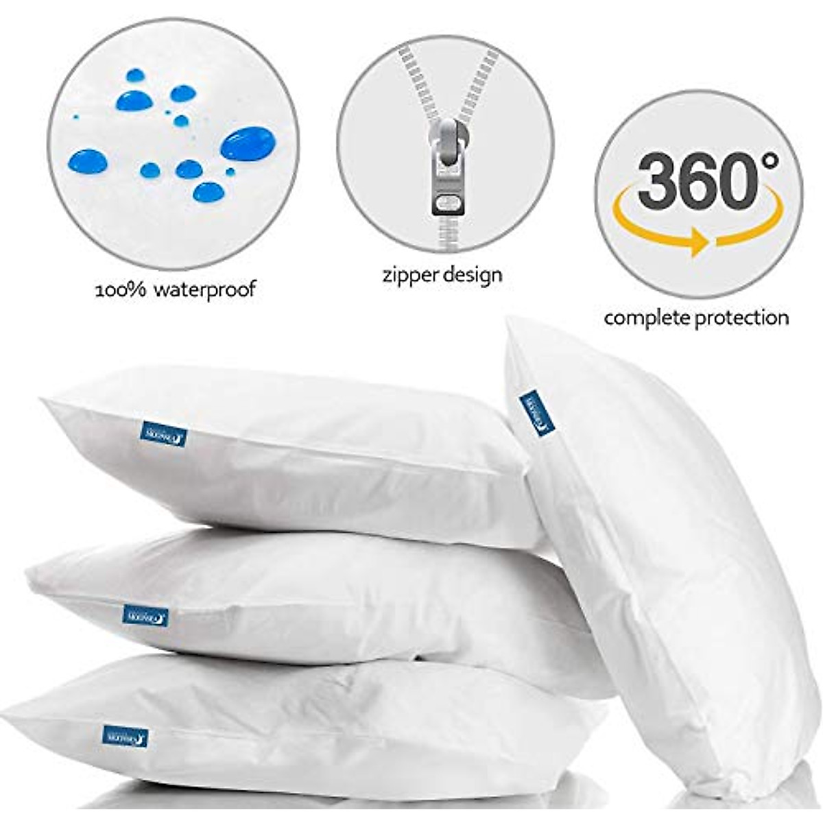 Waterproof Pillow Protector Standard Size Zippered 4 Pack 20 x 26 inch White Pillow Protector Feather Proof Pillow Covers Encasement Pillow Case White