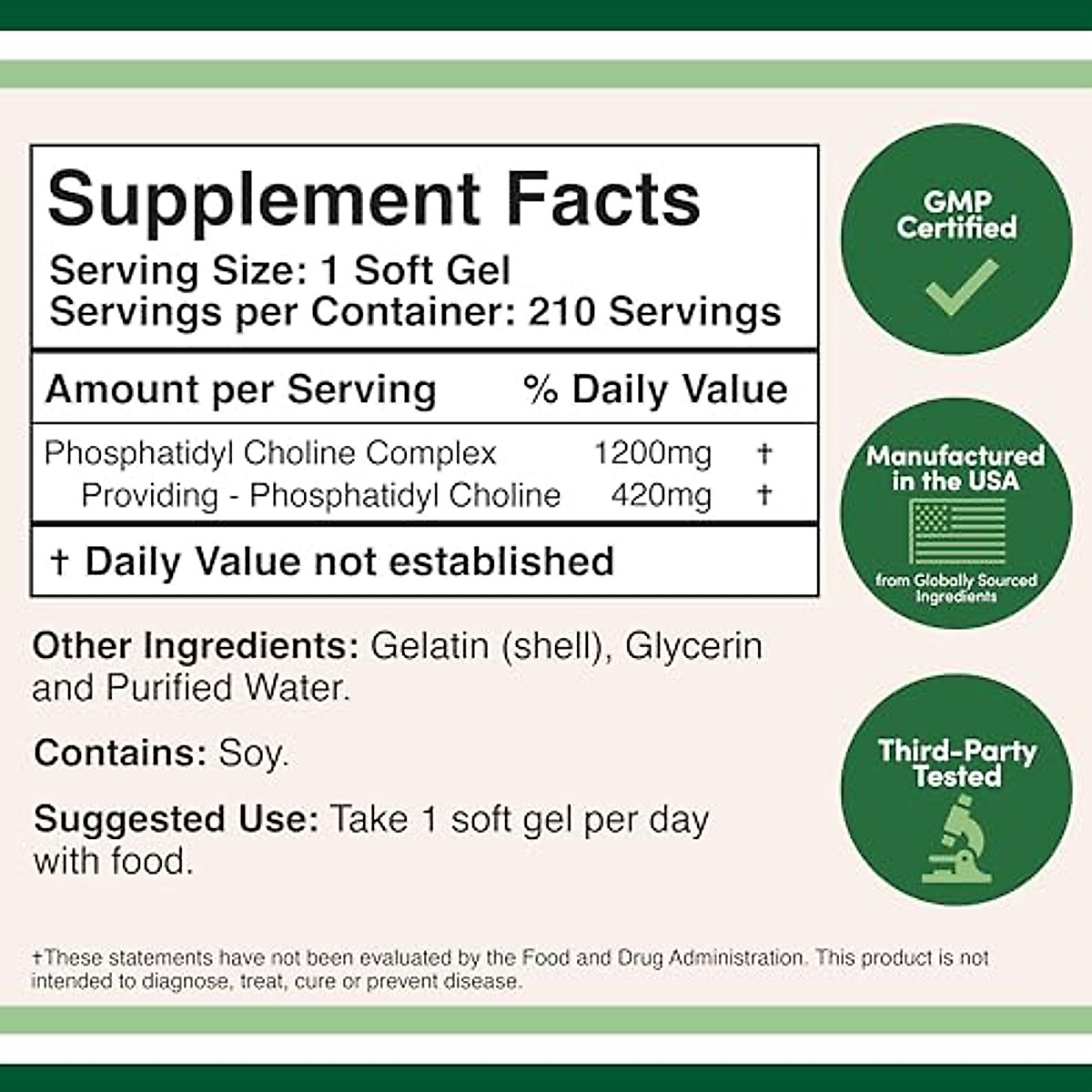 Phosphatidylcholine 1,200mg – 210 Softgels – Enhanced Version of Sunflower and Soy Lecithin (Choline Supplements) - Non-GMO and Gluten Free to Support Brain Health by Double Wood