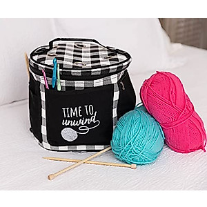 Steel Mill & Co Yarn Tote, Stylish Knitting Bag, Large Capacity Organizer for Knitting & Crochet Supplies, Craft Tote with Yarn Divider and Pockets for Hooks & Needles, Black Gingham