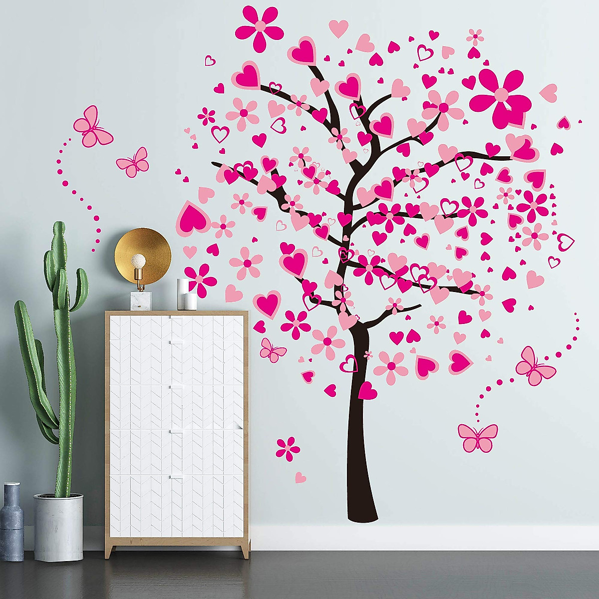 LiveGallery Removable Huge Pink Cartoon Heart Flower Tree Wall Decals Red Butterfly Wall Stickers Home Art Decor for Kids Girls Babys Bedroom Nursery Room Living Room Decorations