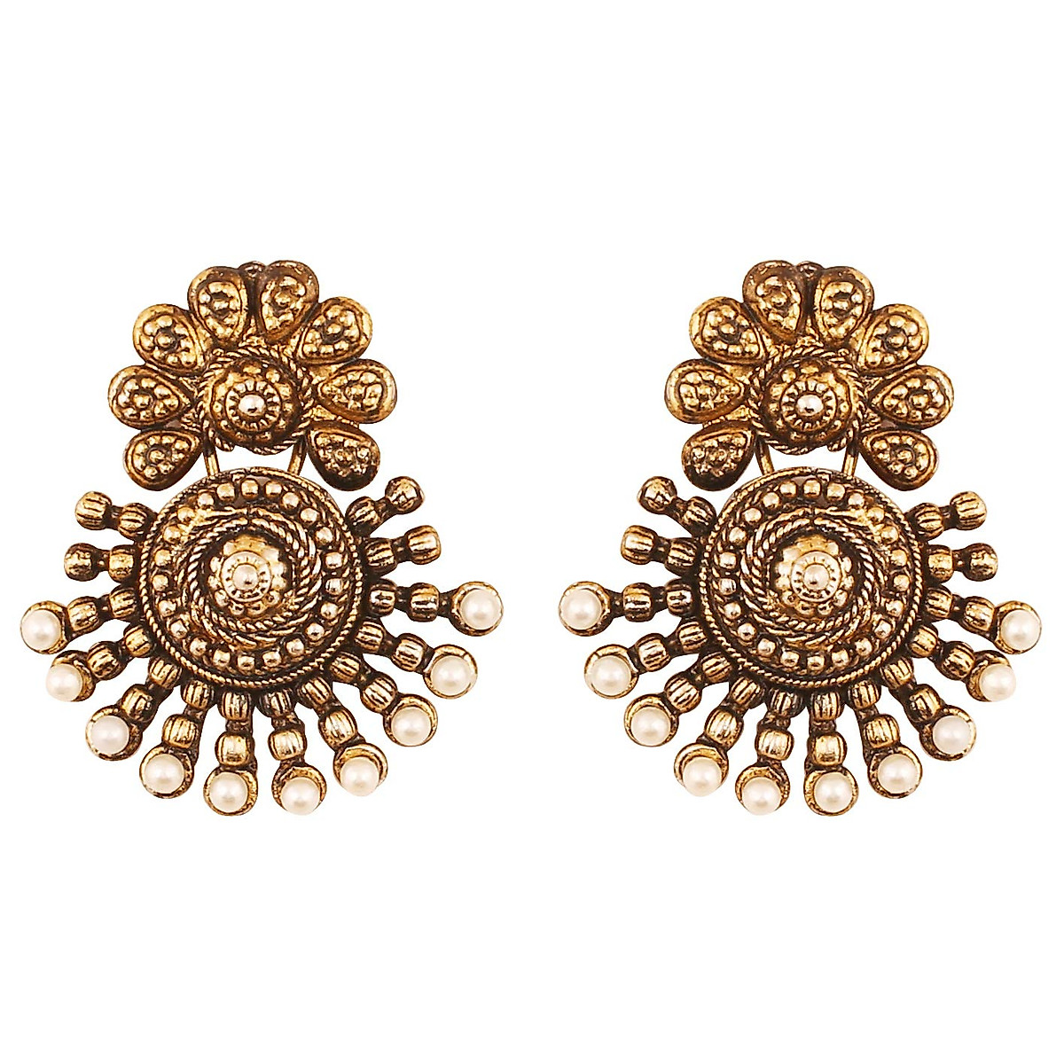 Touchstone Indian bollywood ancient southern gold jewelry inspired bridal jewelry earrings with faux pearls for women in antique tone and oxidized.