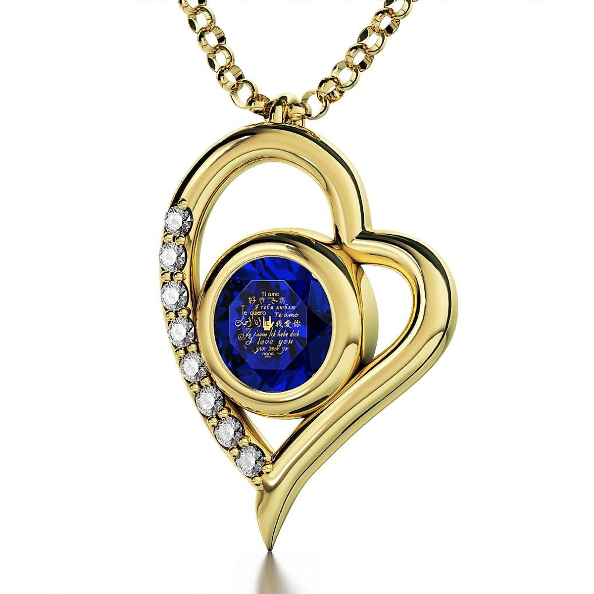 NanoStyle Gold Plated Silver I Love You Necklace in 12 Languages Anniversary Heart Pendant with Cubic Zirconia Gemstones Inscribed in Pure Gold onto a Dark Blue Crystal, 18" Rolo Chain