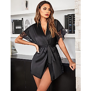 Avidlove Women Lingerie Robe Satin Sleepwear Eyelash Lace Kimono Side Split Sexy Silk Robes (Black,M)