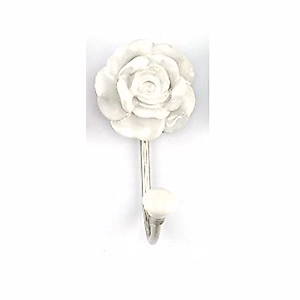 Maithil Art Set of 2 Rose Flower Ethnic Ceramic Key Hat Coat Hook Wall Decor Hook (White)