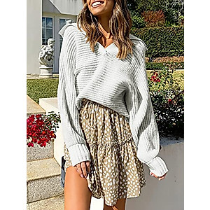 ANRABESS Women Polo V Neck Batwing Long Sleeve Casual Oversized Ribbed Knit Fall Pullover Sweater Top 599bai-L White