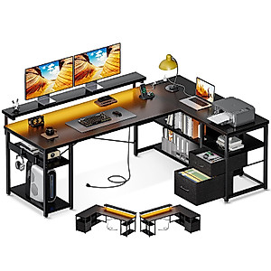 ODK L Shaped Gaming Desk with File Drawers, Reversible Computer Desk with Power Outlets & LED Lights, Home Office Desk with Storage Shelves, 61 Inch Bedroom Corner Desk with Monitor Stand, Black