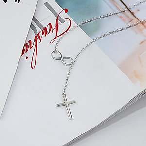 NA S925 Sterling Silver Infinity Cross Pendant Y Lariat Necklace for Women Birthday Baptism Easter Gift, 18 inch + 2 inch