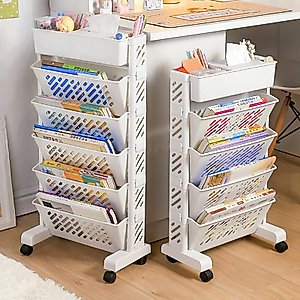 Movable Bookshelf Cart Rotatable Removable Plastic Multifunctional Rolling Cart Deskside Bookshelf Desk Organizer with Wheels (6 Layer)