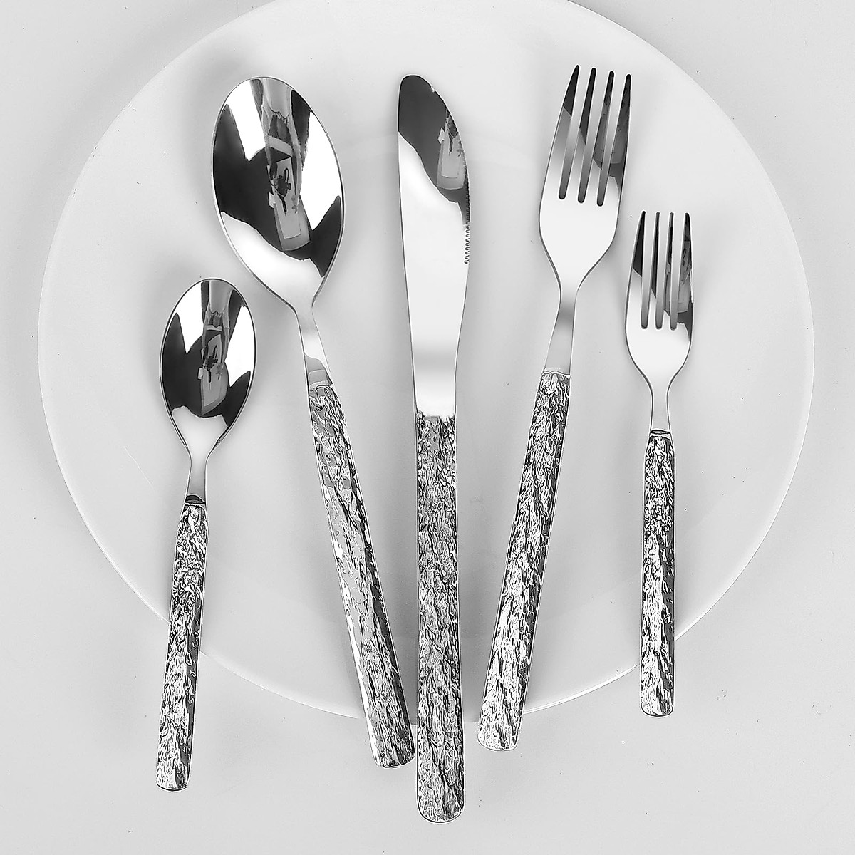 Qulable 20 Piece 18/10 Stainless Steel Flatware Sets for 4, Hammered Silverware Set,Silverware Cutlery Sets, Rust Proof Cutlery with Stone Textured Design Mirror Polished - Dishwasher Safe