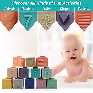 Kcuina Baby Blocks, 12 pc - Soft Stacking Building Blocks - Toy 6 to 12 Months Toddlers Boys & Girls- Squeeze & Play - Educational Toy for 6 Months and Up - Numbers, Animals, and Textures