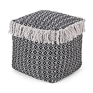 Christopher Knight Home Samantha Boho Fabric Cube Pouf, Black, White, 16x16x16 inches