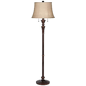 Regency Hill Brooke Traditional Standing Floor Lamp 60" Tall Rich Bronze Copper Accents Metal Column Brown Burlap Modified Bell Shade for Living Room Reading House Family Bedroom Home