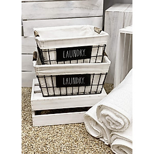 Rae Dunn Wired Storage Baskets Set of 2 - Rustic Organizers with Fabric and Metal Lining – Stylish Supply Bin for Bathroom, Laundry Room, Closet, Nursery - Cute Home Décor with “Organize” Sign