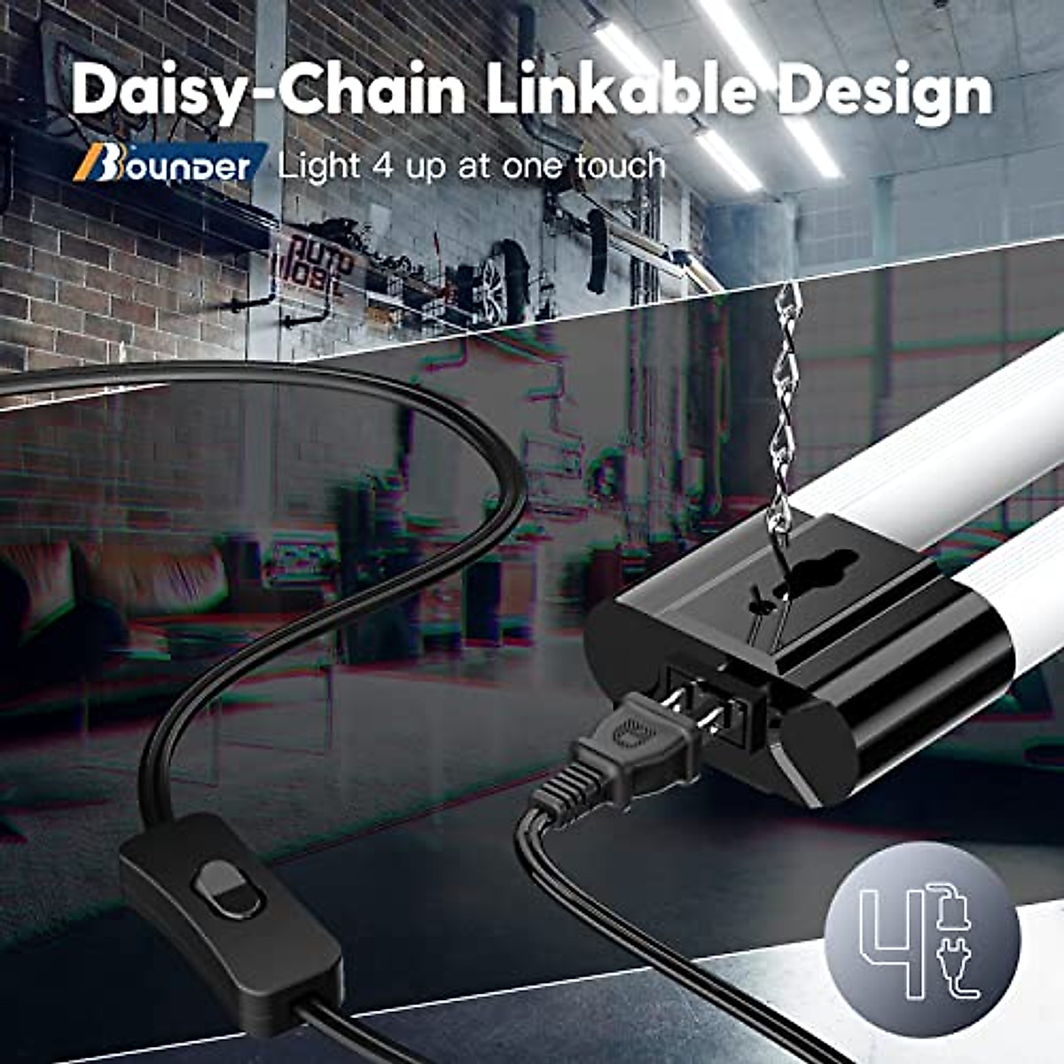 Bbounder 10 Pack Linkable LED Utility Shop Light, 4 FT, 48 Inch Fixture for Garage, 40W Equivalent 250W, 5000K Daylight, Surface + Suspension Mount, Florescent Light Fixture Replacement, Black