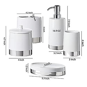 Motifeur Bathroom Accessories Set, 5-Piece Ceramic Bath Accessory Complete Set with Lotion Dispenser/Soap Pump, Cotton Jar, Soap Dish, Tumbler and Toothbrush Holder (White and Silver)