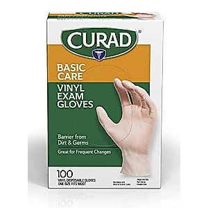 Curad Basic Care Vinyl Exam Gloves, Disposable, One Size Fits Most (100 Count)