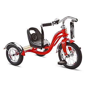 Schwinn Roadster Bike for Toddler, Kids Classic Tricycle, Low Positioned Steel Trike Frame with Bell and Handlebar Tassels, Rear Deck Made of Genuine Wood, for Boys and Girls Ages 2-4 Year Old, Red