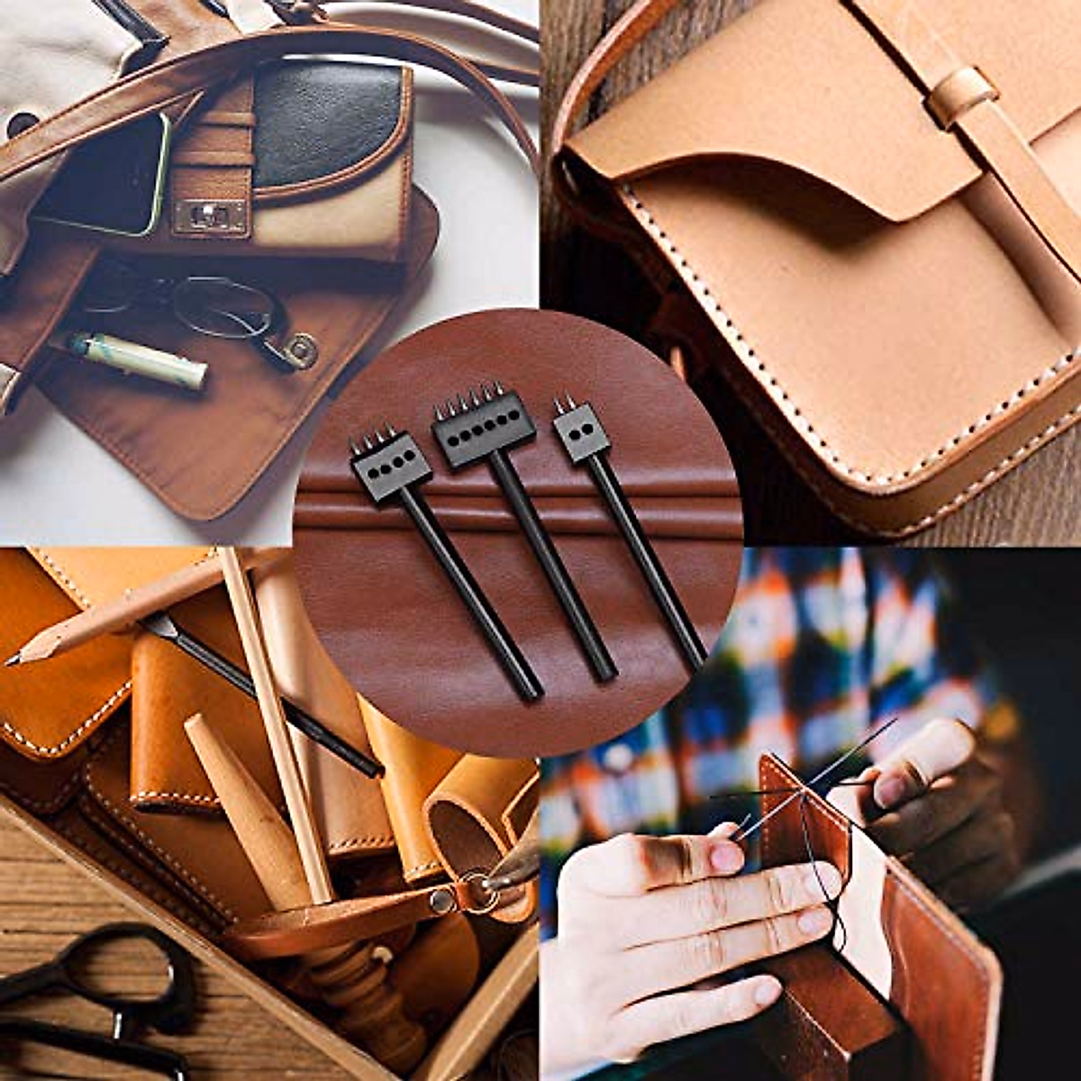 Prong Punch Tool Set - 3pcs 5mm Leather Row Round Hole Tooth Punch Tool, 2/4/6 Prong Circular Cut Lacing Stitching Chisel DIY Leathercraft Punching Accessories Kits for Leather Craft Supplies