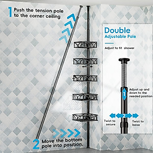 Skycarper 5 Tier Adjustable Corner Shower Caddy Organizer with Hooks,Rustproof Tension Pole 62-116 Inch, Black