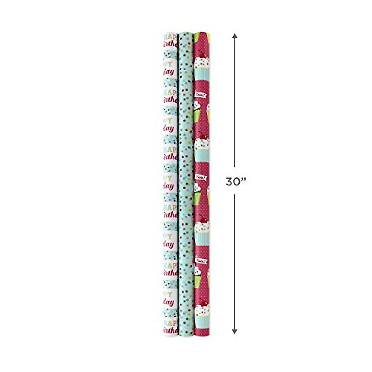 Hallmark Reversible Wrapping Paper Bundle (3 Rolls - 75 sq. ft. ttl: "Happy Birthday," Cupcakes, Stripes, Flowers, Polka Dots) in Yellow, Pink, Teal Blue, Black and White for Baby, Bridal, Birthdays