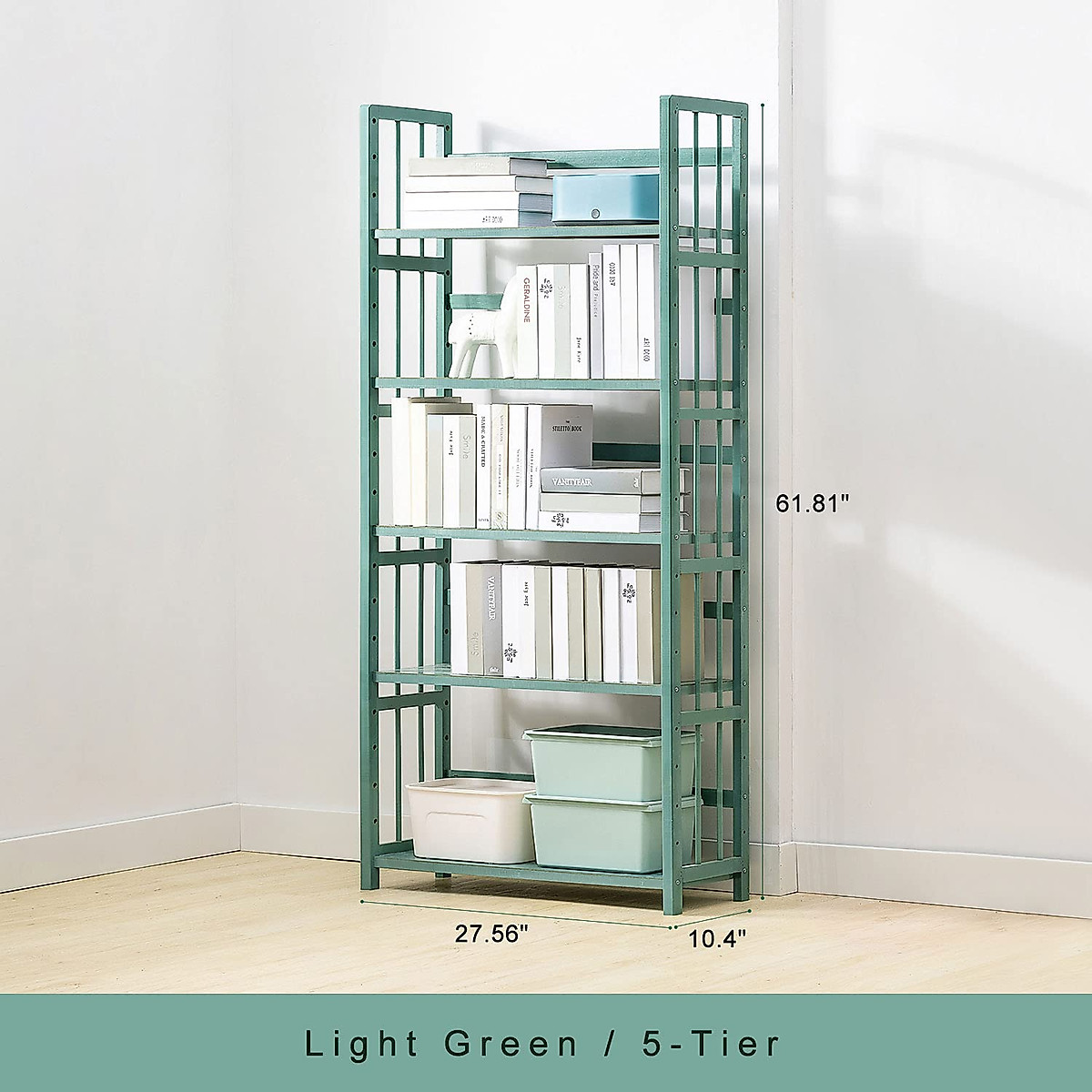 IOTXY Adjustable Bamboo Open Bookshelf - Medium 5-Tier Free Standing Storage Rack, Multifunctional Display Stand for Bookcase, Home and Office, Light Green