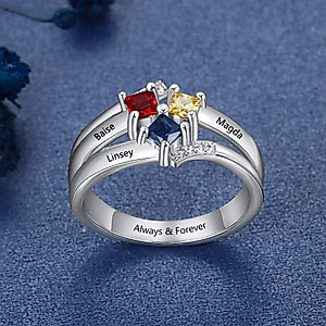GLAMCARAT Sterling silver Personalized 3 Stone mothers ring Women engraved Name Rings for mom, birthstone ring for her family jewelry Promise Ring
