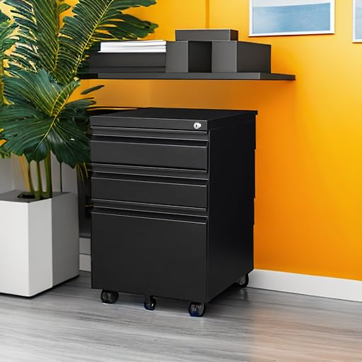 SISESOL 3 Drawer Mobile File Cabinet with Lock,Black Under Desk File Cabinets with Wheels,Rolling Metal Filing Cabinet for Home Office,Fit Legal/Letter/a4 File,Fully Assembled Except Casters
