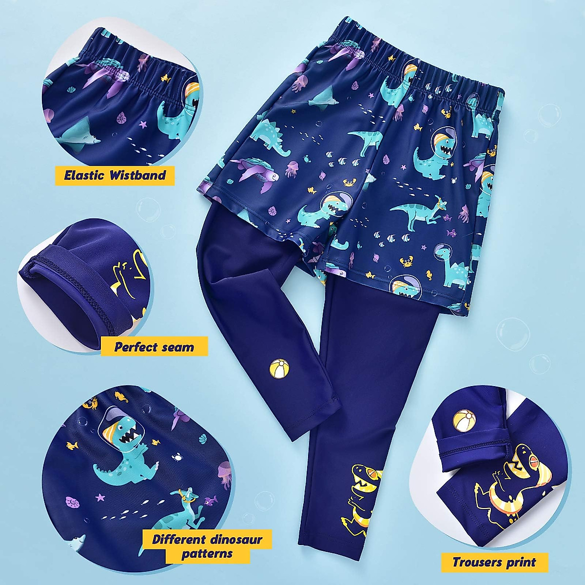 WAWSAM Toddler Dinosaur Swimsuit Kids Bathing Suit Dinosaur Boys Rash Guard with Hat Quick Dry Long Sleeve Swimwear Infant Swim Truck Rashguard Set for Swimming Beach Pool Vacation