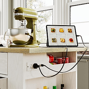 IRONCK Kitchen Island with Storage, with 2 Stools, Ample Storage Space with Power Strip, Large Countertop with Drop-Leaf Design, 2-Door Cabinet and 5 Open Side Racks/2 Utility Drawers, White