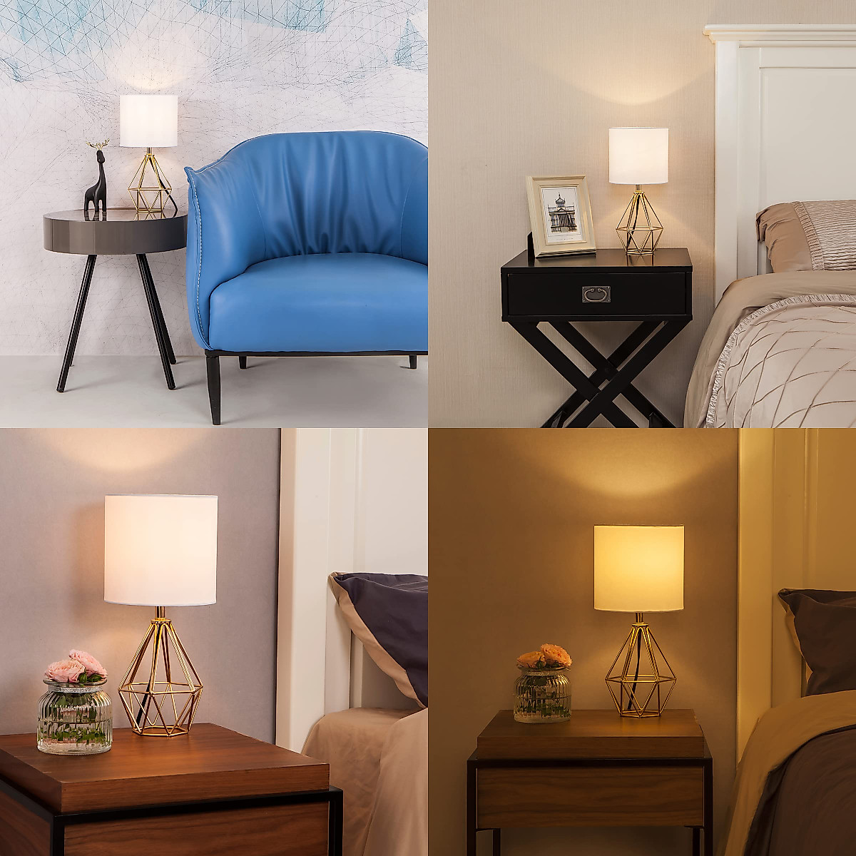 COTULIN Gold Modern Hollow Out Base Bedroom Small Table Lamp,Bedside Nightstand Lamp with Geometric Metal Base White Fabric Shade,Cute Desk Lamp for Kids Living Room