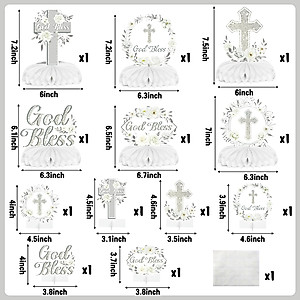 ANGOLIO White Sliver Floral Honeycomb Centerpieces - 12Pcs God Bless Table Decor Honeycomb Cross Centerpieces Baptism Religious Party Table Toppers for Bible Baby Shower Birthday Party Decor Supplies