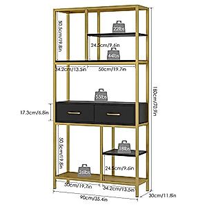 HITHOS Bookshelf, Tall Bookcase with 2 Drawers and Storage Shelves, Industrial Etagere Bookcase Book Shelves for Office, Living Room, Black/Gold
