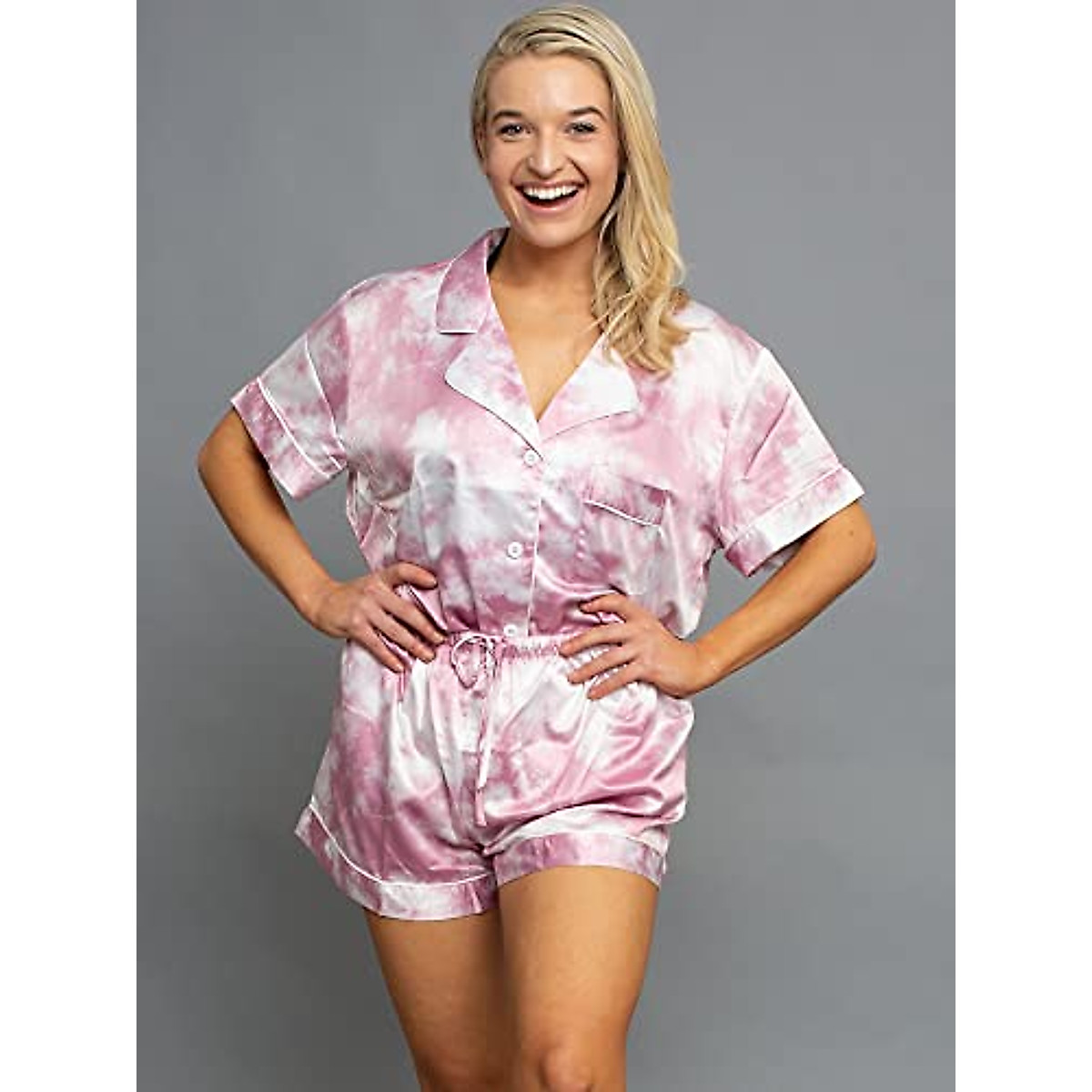 Belle's Design Women’s Tie Dye Short Sleeve Satin Silk Pajama Set Button Down 2 pieces Loungewear Sleepwear (Dusty Pink, XX-Large)