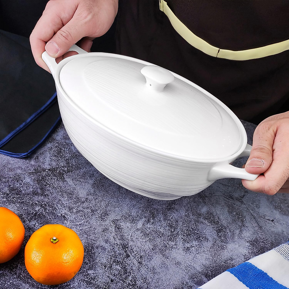 jinsongdafa Casserole Dish with Lids,1.9 Quart French White Ceramic Tureens, 12.1x7.3 Baking Dish, Serving Tureen Soup, for Casseroles, Lasagna Cookware Set, Microwave, Oven Safe