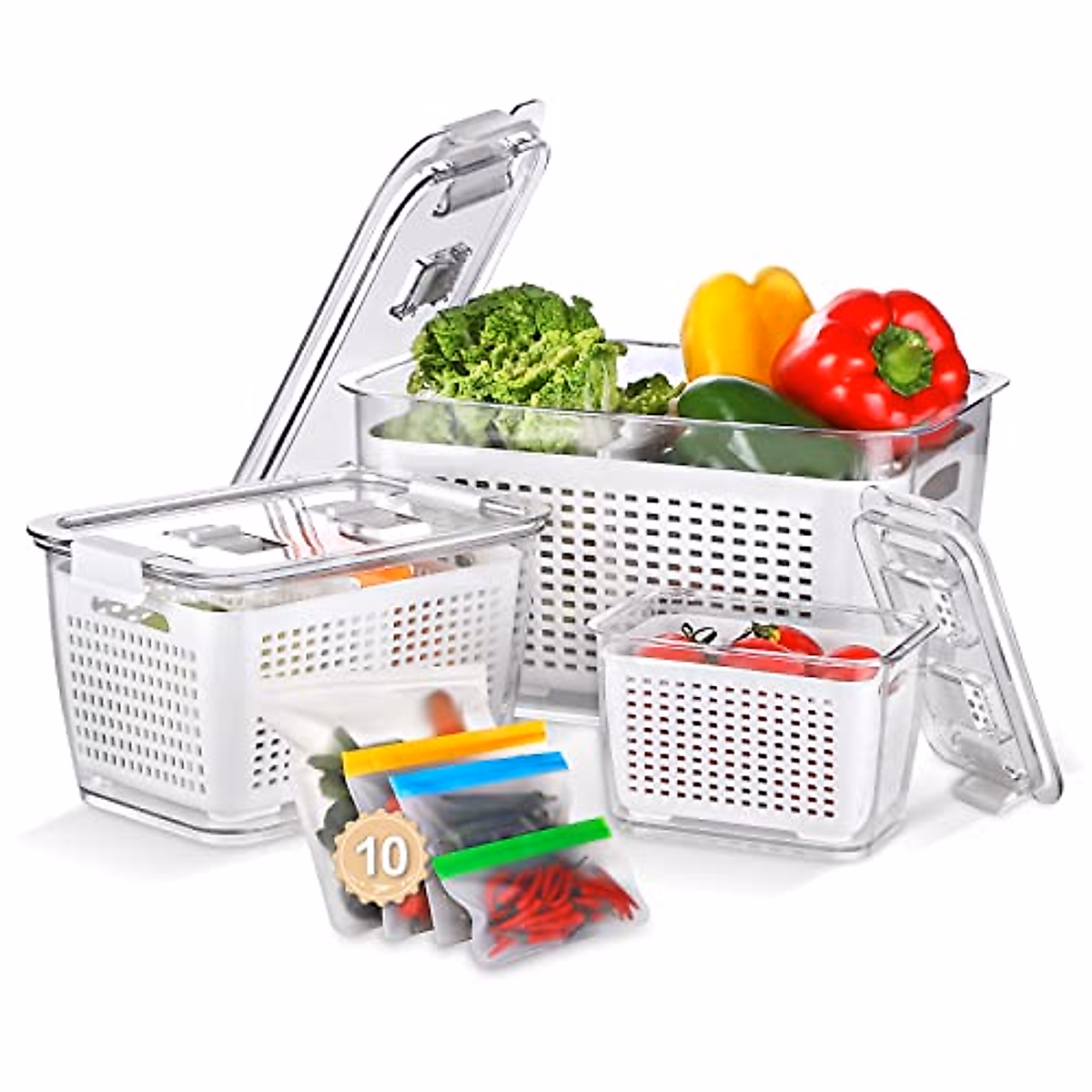 Fruit Storage Containers for Fridge, 3 Pack Produce Saver Containers 10 Pack BPA FREE Reusable Freezer Bags, Vegetable Fruit Container Storage Reusable Lunch Bag for Meat Fruit