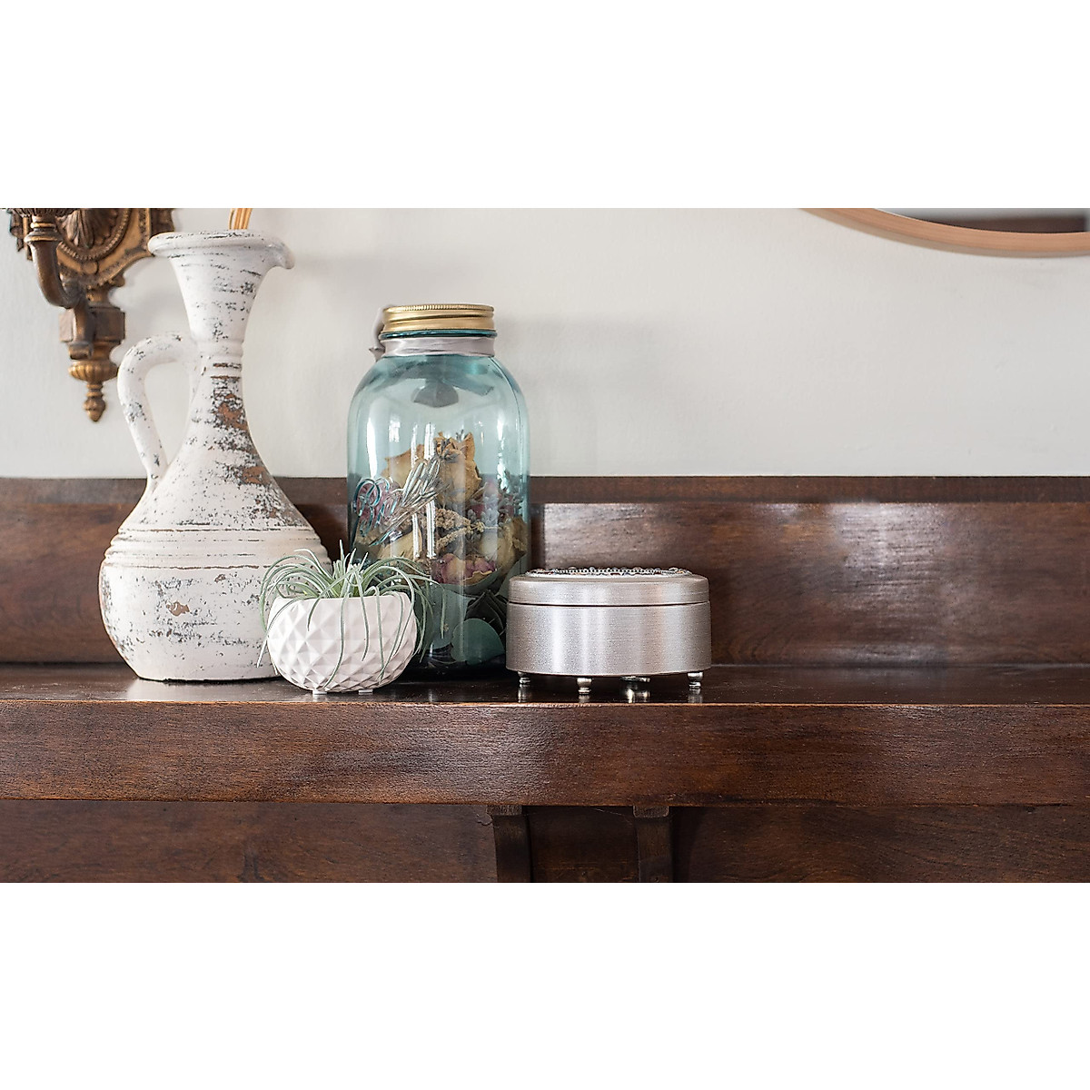 Cottage Garden Be Strong and Courageous Brushed Pewter Jewelry Music Box Plays Amazing Grace