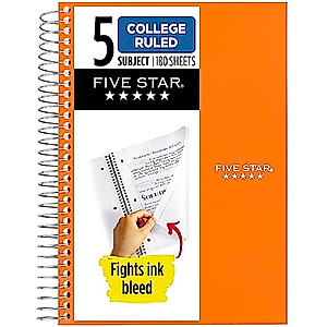 Five Star Small Spiral Notebook, 5 Subject, College Ruled Paper, 180 Sheets, 9-1/2" x 6", Color Will Vary, 1 Count (06184)