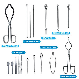 Scientific Lab Tools Pack for Basic Starter, Chemistry Set - Crucible Tongs Lab Spatula Scoop U-Shape Spoon Test Tube Clamps Stainless Steel Forceps Tweezers