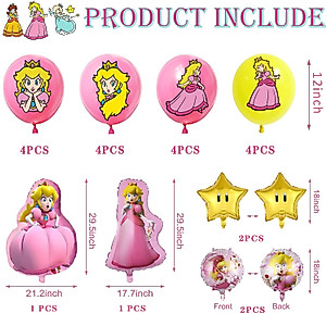 22pcs Princess Peach Birthday Party Decorations, Princess Peach Foil Balloons Latex Balloon for Mario Theme Party Decorations
