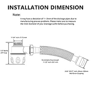 LOONGSHINET 1-1/4 Inch Bathroom Sink Drain Kit Flexible Expandable Anti-siphon Bottle Universal Sink Drain Assembly for Bathroom Tube S Trap, Bathroom Vanity Sink Drain Plumbing P Trap Pipe, White