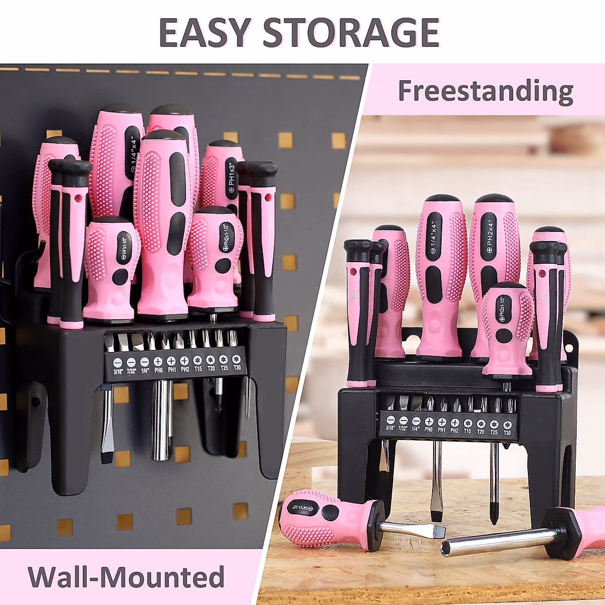 FASTPRO 21-Piece Magnetic Screwdrivers Set with Organizer Rack, Slotted Phillips Screwdrivers and Precision Screwdrivers, Repair Tool Kit for Women, Pink