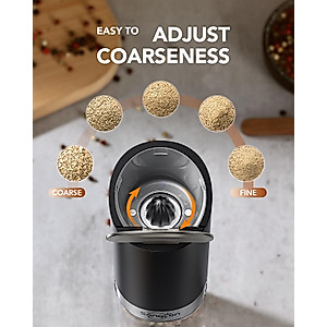 Sangcon Gravity Electric Salt and Pepper Grinder Set, Battery Salt and Pepper Mill Set with Dust Cover, 8 Oz Large Capacity Automatic Pepper Shaker with Light，Adjustable Coarseness, 2 Pack (Black)