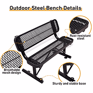 4FT/48'' Outdoor Garden Bench, Cast Iron Metal Frame Patio Park Bench with Backrest, Portable Expanded Metal Black Bench, Commercial-Grade Outdoor Seating for Lawn, Patio, Park, Yard, Garden, Porch